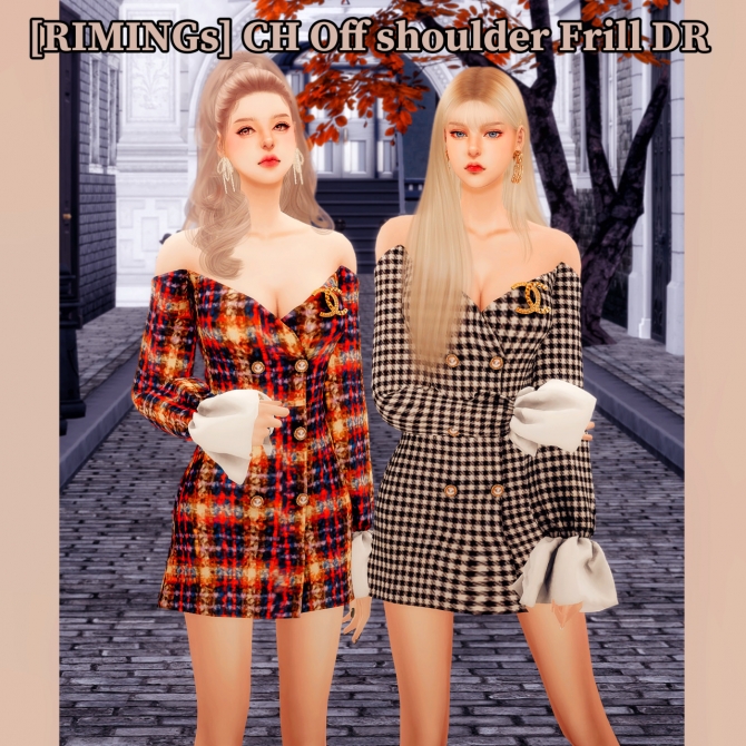 Off shoulder Frill dress at RIMINGs » Sims 4 Updates
