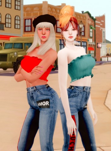Tube top & Unique jeans at RIMINGs » Sims 4 Updates