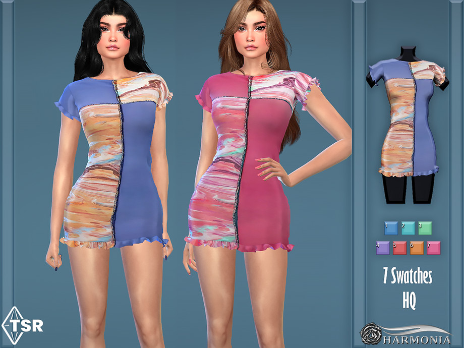 Marble Contrast Seam Block Dress by Harmonia at TSR » Sims 4 Updates
