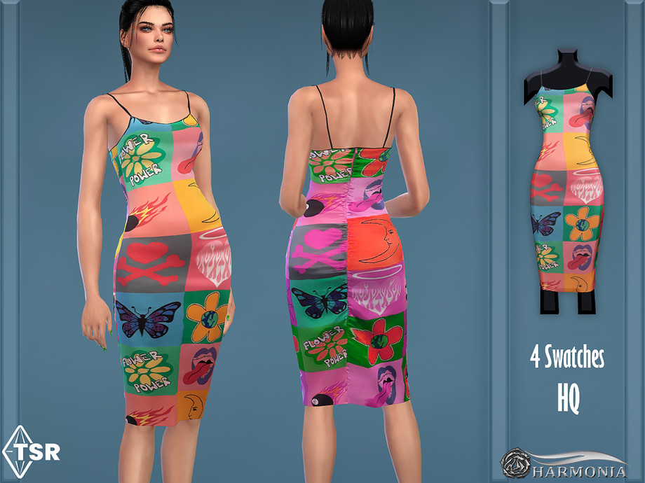 Multicolor Printed Split Hem Dress by Harmonia at TSR » Sims 4 Updates