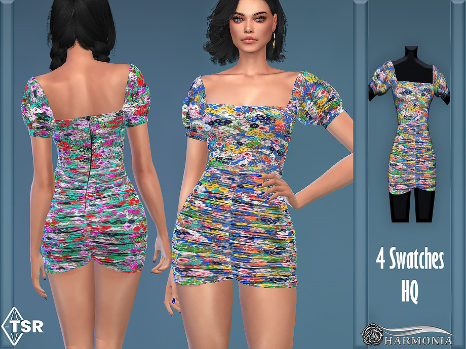 Colorful Floral Puff Sleeve Dress by Harmonia at TSR » Sims 4 Updates