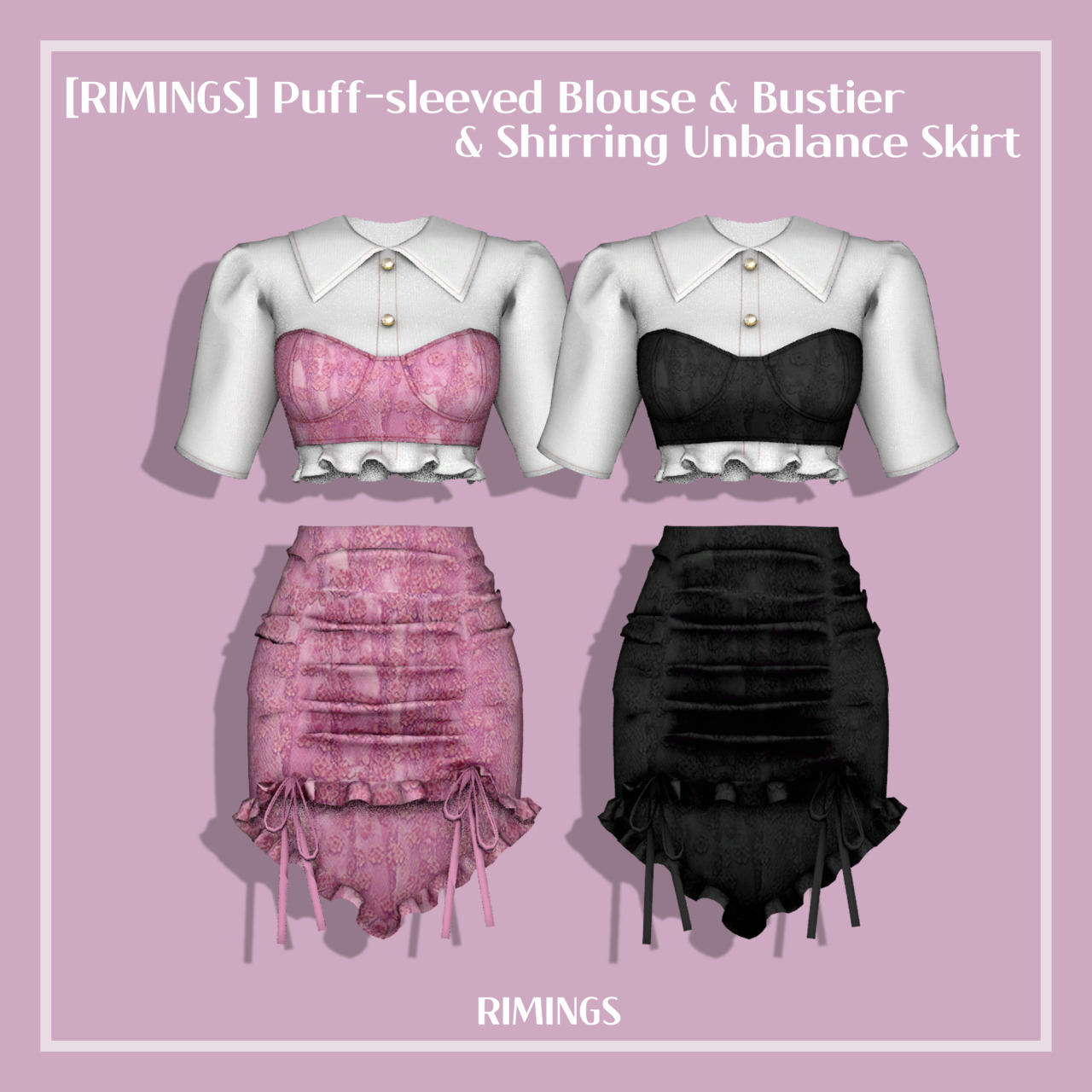 Puff-sleeved Blouse & Bustier & Shirring Unbalance Skirt at RIMINGs ...