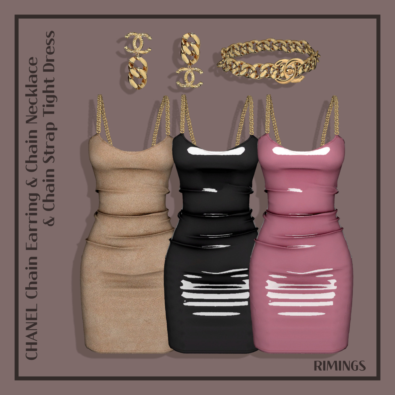 Chain Earrings & Necklace & Chain Strap Tight Dress at RIMINGs » Sims 4 ...