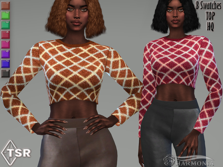 Checkered Printed Crop Sweater by Harmonia at TSR » Sims 4 Updates